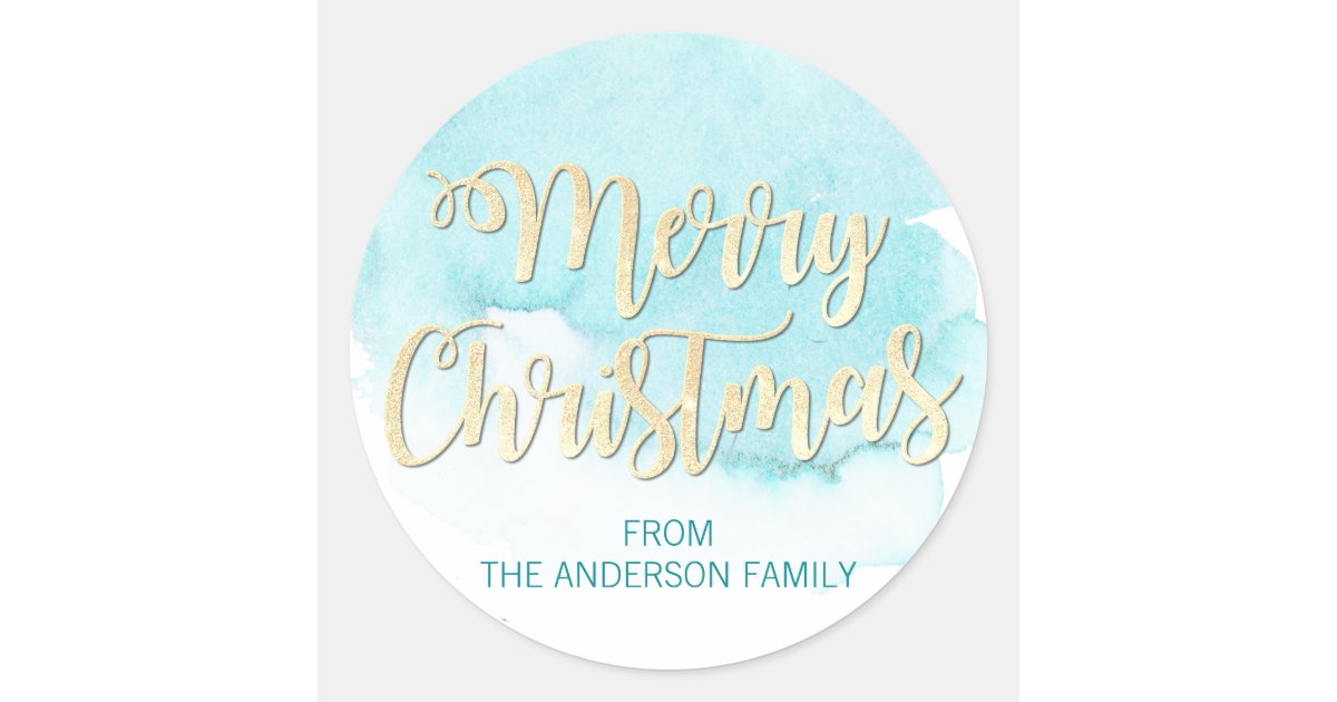 Watercolor Blue Turquoise Gold Glitter Christmas Classic Round Sticker ...