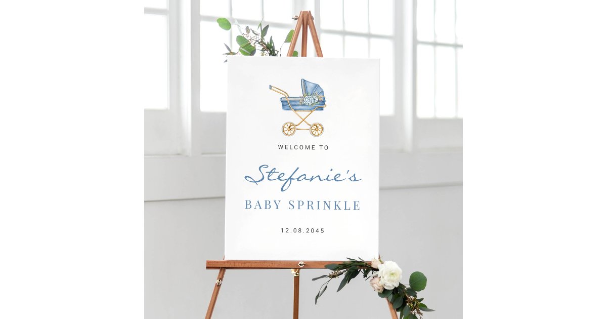 Watercolor Blue Vintage Stroller Boy Baby Sprinkle Poster | Zazzle