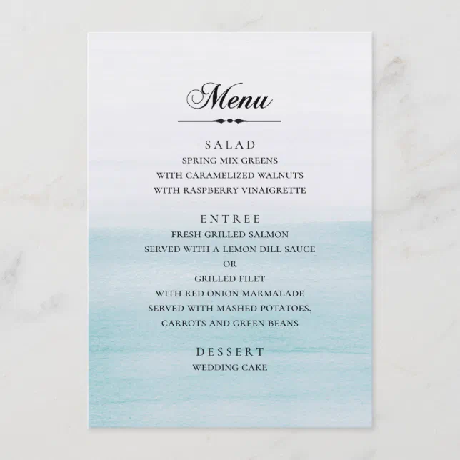 Watercolor blue wedding. Classic elegant nautical Menu | Zazzle