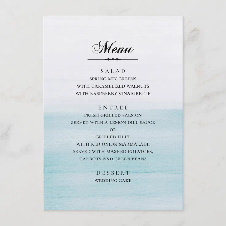 Watercolor blue wedding. Classic elegant nautical Menu | Zazzle