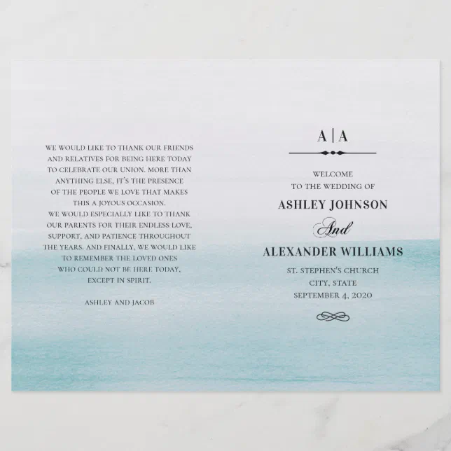 Watercolor blue wedding. Elegant program folded | Zazzle