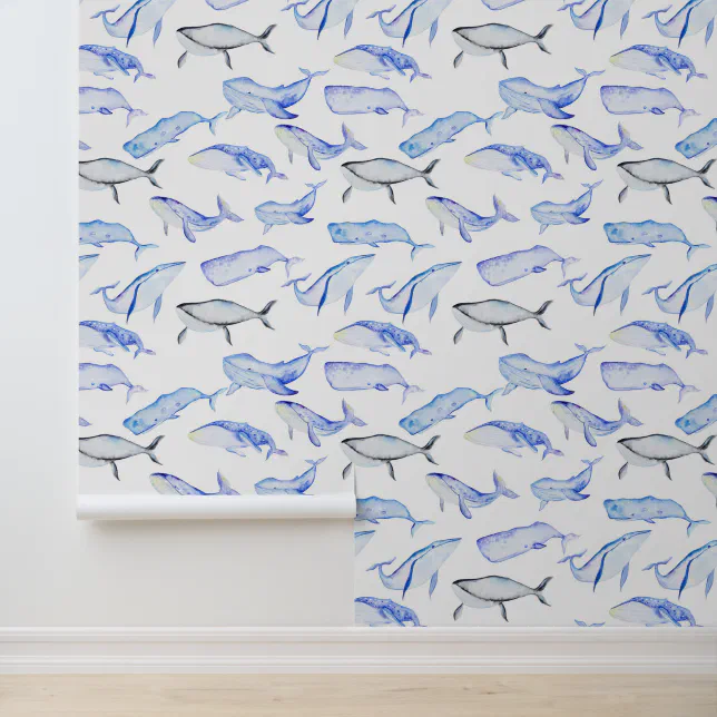 Watercolor Blue Whale Pattern Wallpaper | Zazzle
