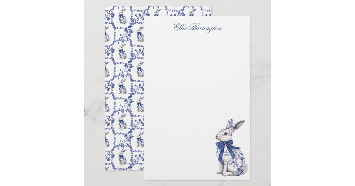 Watercolor Blue & White Chinoiserie Bunny Rabbit Stationery | Zazzle