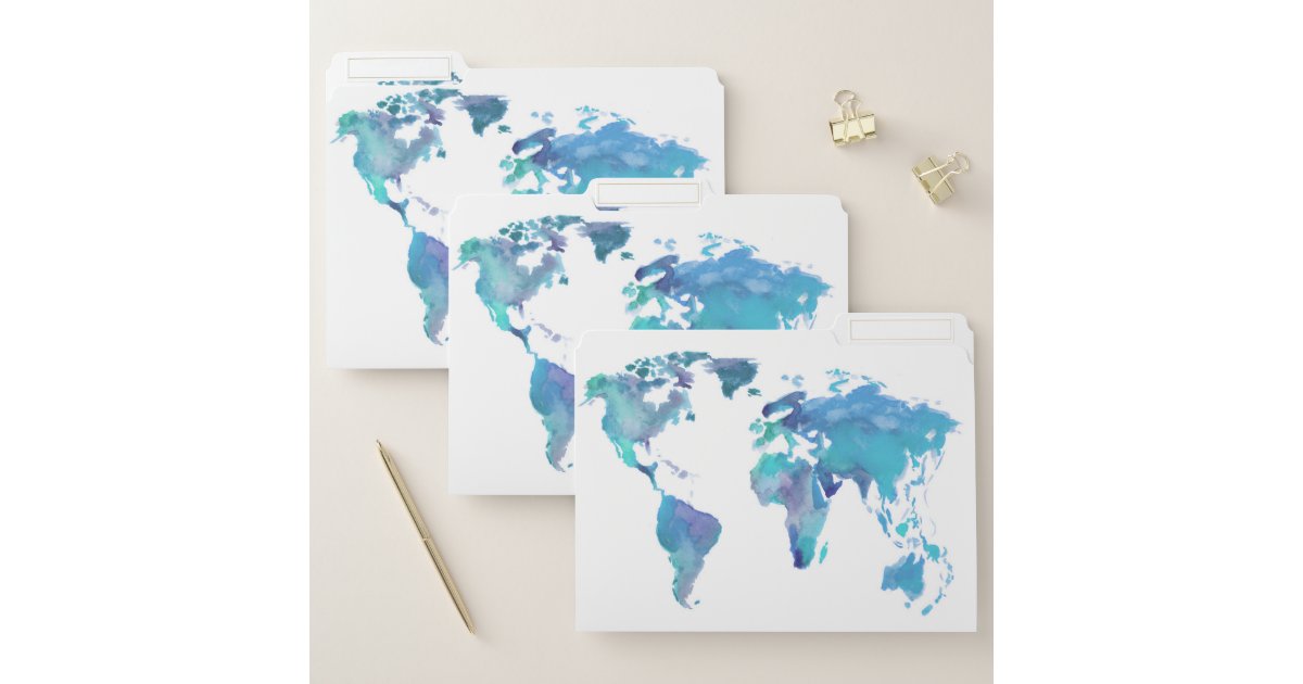 Watercolor Blue World Map File Folder | Zazzle