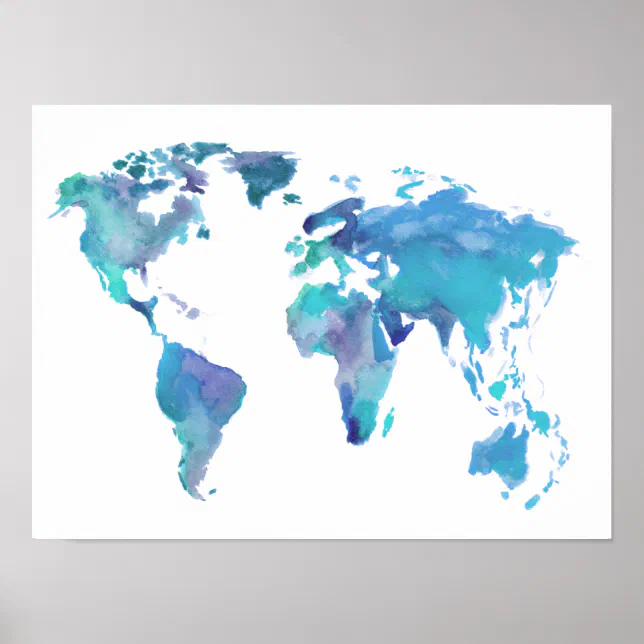 Watercolor Blue World Map Poster | Zazzle
