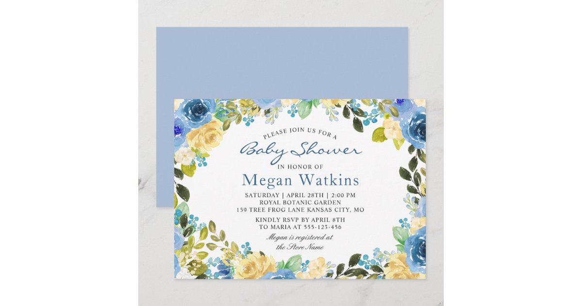 Watercolor Blue Yellow Flowers Baby Shower Invitation | Zazzle