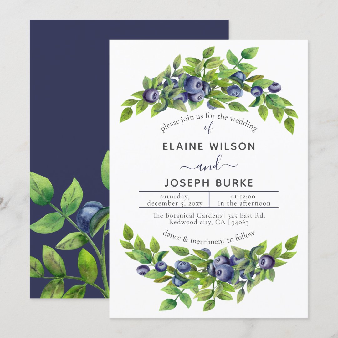 watercolor blueberries blue botanical wedding invitation | Zazzle