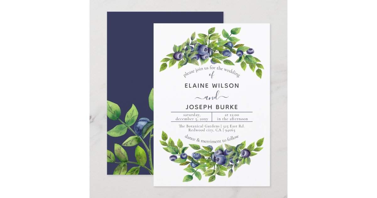 watercolor blueberries blue botanical wedding invitation | Zazzle