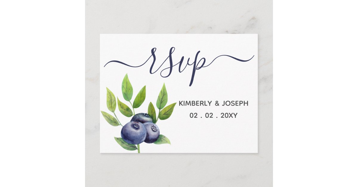 watercolor blueberries blue botanical wedding Rsvp Invitation Postcard ...