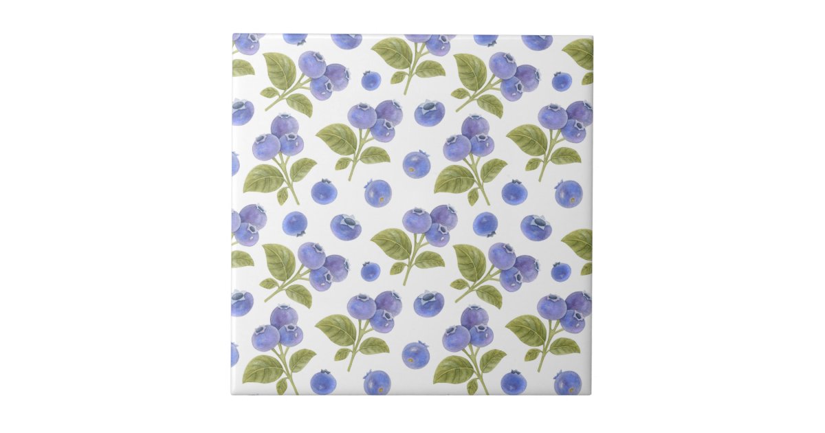 Watercolor Blueberry Fruit and Blueberry Leaves Ceramic Tile | Zazzle