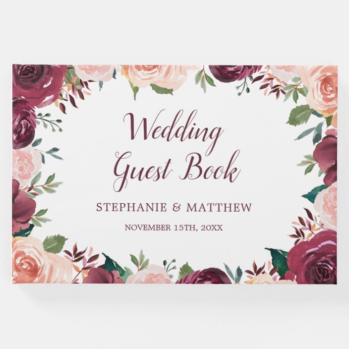 Watercolor Blush Burgundy Rose Border Wedding Guest Book | Zazzle.com