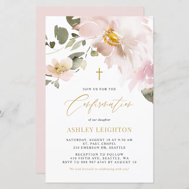 Watercolor Blush Flowers Confirmation Invitation | Zazzle