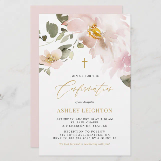 Watercolor Blush Flowers Confirmation Invitation | Zazzle