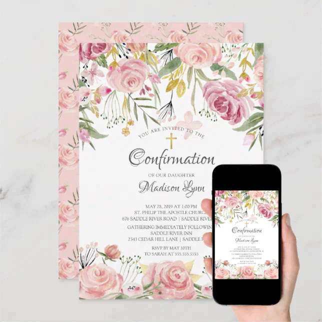 Watercolor Blush Pink Floral Confirmation Invitation | Zazzle