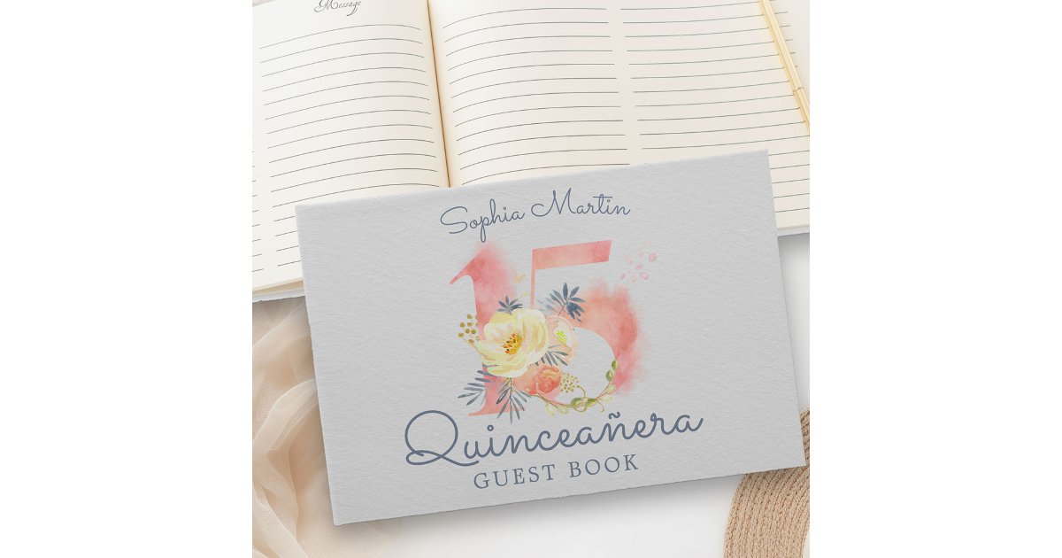 Watercolor Blush Pink Number 15 Floral Quinceanera Guest Book | Zazzle