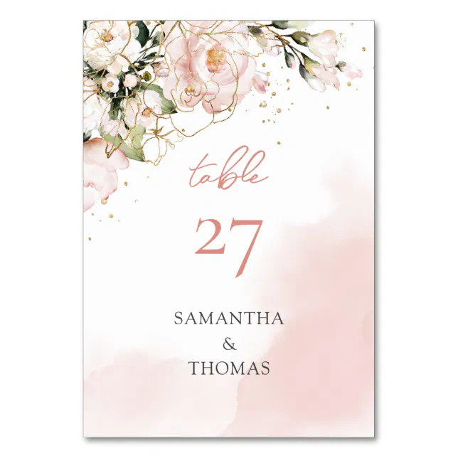 Watercolor Blush roses eucalyptus gold sparkles Table Number | Zazzle