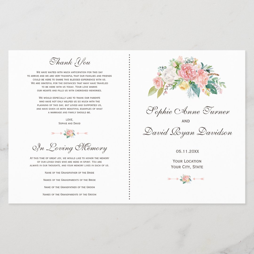 Watercolor Blush White Flowers Wedding Program | Zazzle