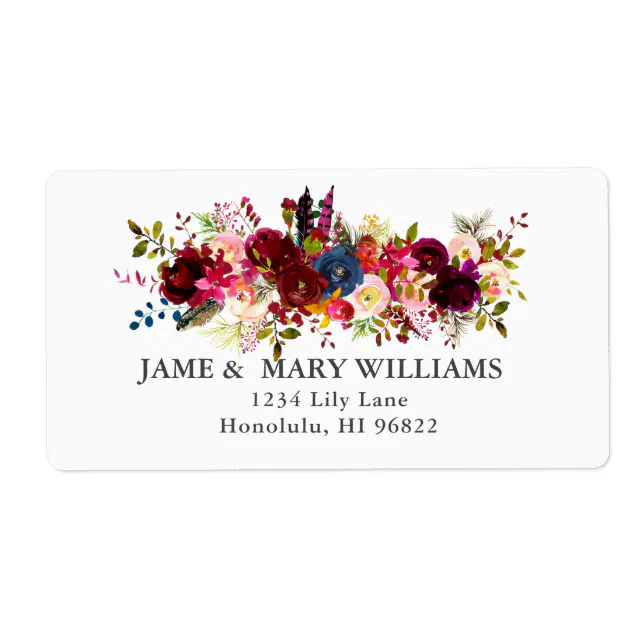 Watercolor Boho Blush, Burgundy Flowers Label | Zazzle