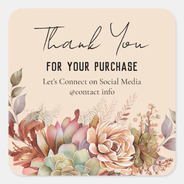 Watercolor Boho Cactus Business Thank You Square Sticker | Zazzle
