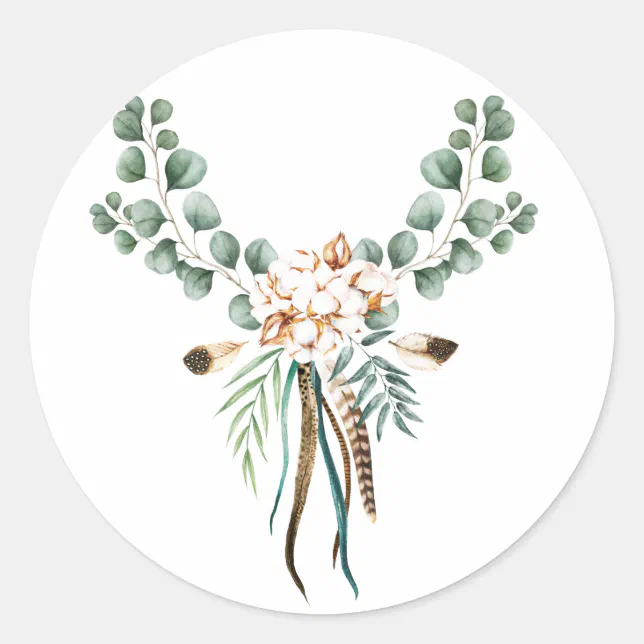 Watercolor Boho Cotton and Eucalyptus Boho Classic Round Sticker | Zazzle