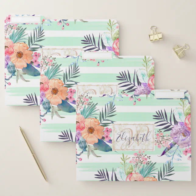 Watercolor Boho floral, leaves, stripes hand paint File Folder | Zazzle