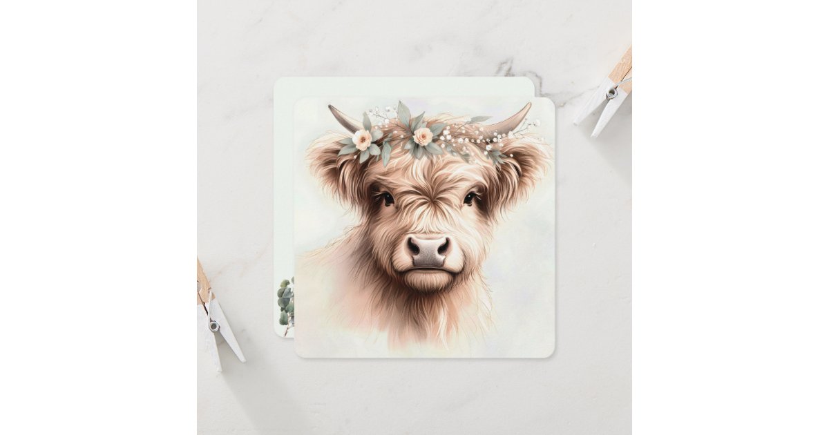 Watercolor Boho Highland Cow With Bridal Headpiece Invitation | Zazzle