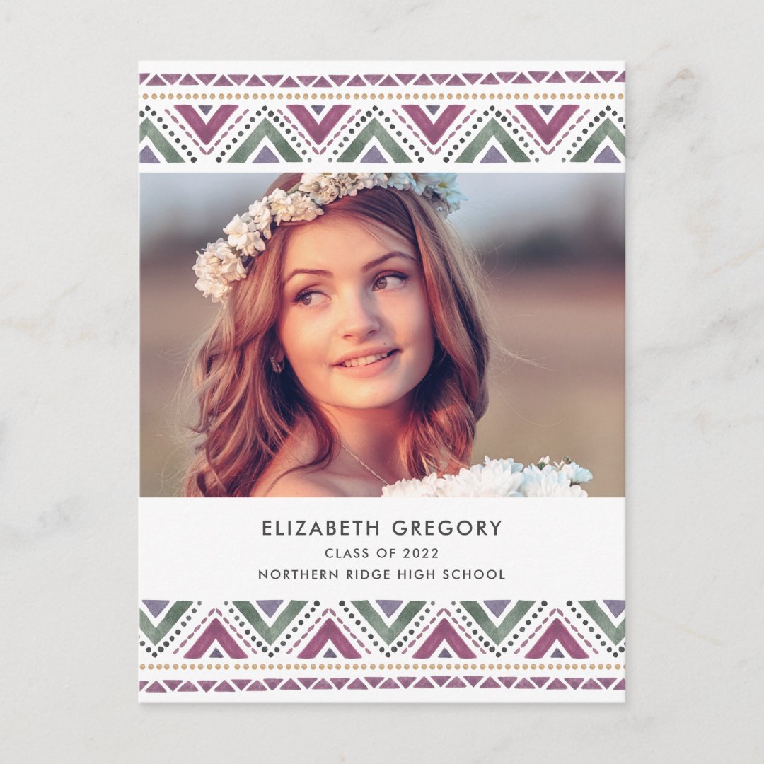 Watercolor Boho Photo Graduation Announcement Postcard | Zazzle