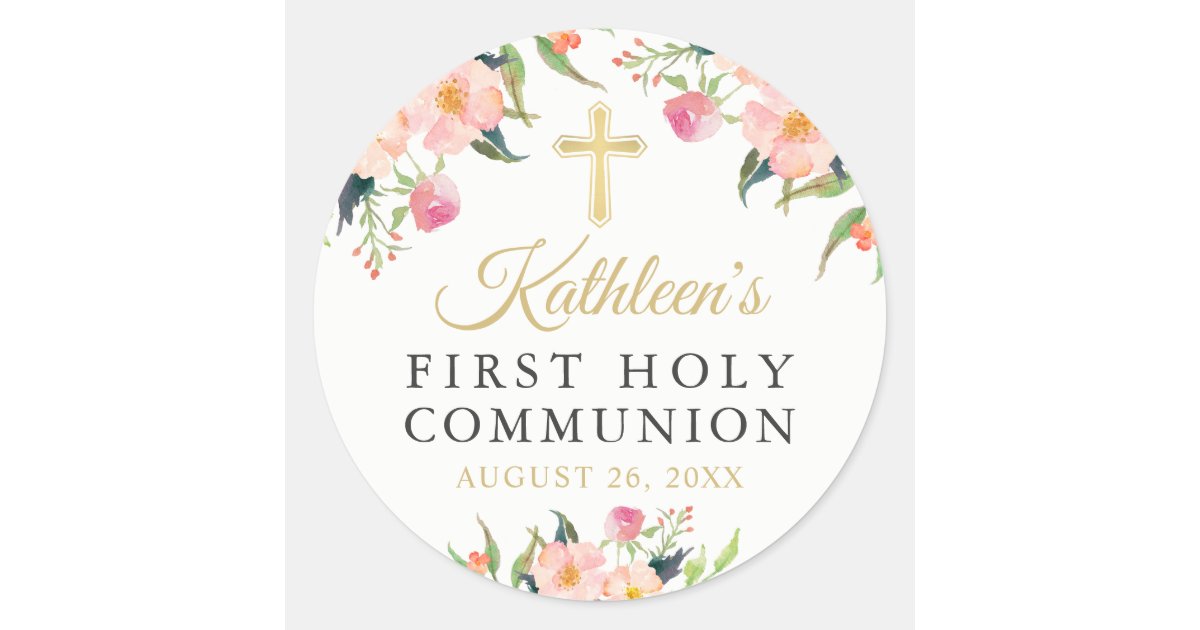 Watercolor Botanical Floral First Holy Communion Classic Round Sticker ...
