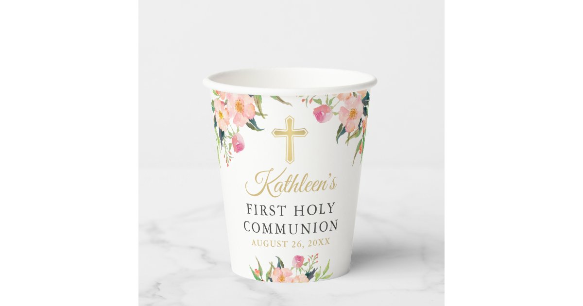 Watercolor Botanical Floral First Holy Communion Paper Cups | Zazzle