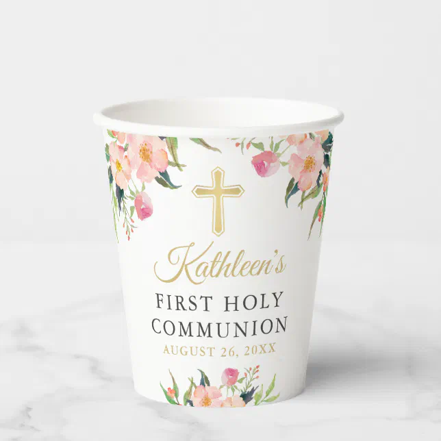 Watercolor Botanical Floral First Holy Communion Paper Cups | Zazzle