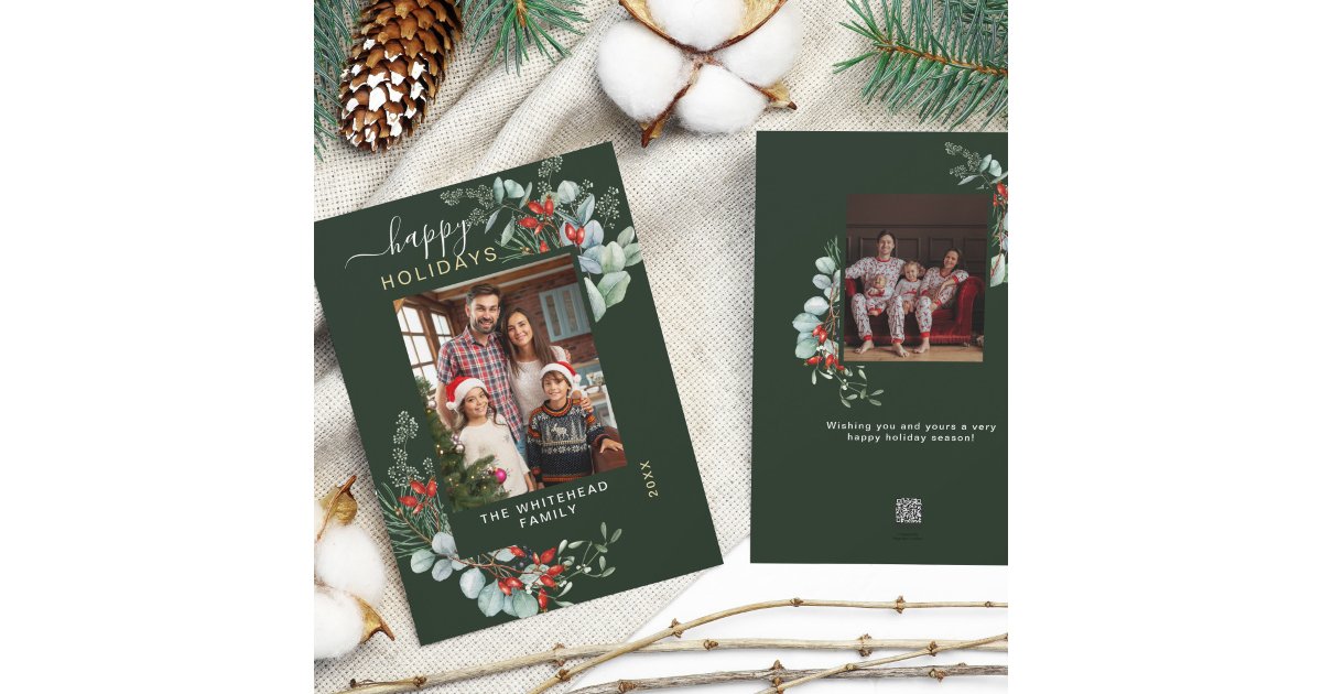 Watercolor Botanical Greenery Photo Forest Green Holiday Card | Zazzle