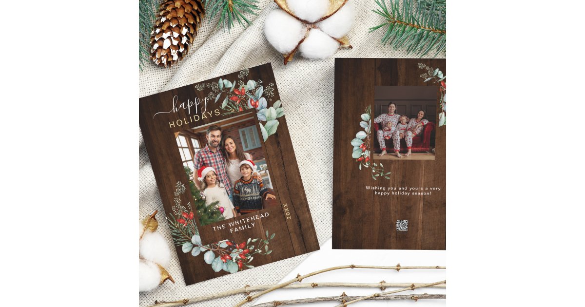 Watercolor Botanical Greenery Photo Rustic Wood Holiday Card | Zazzle