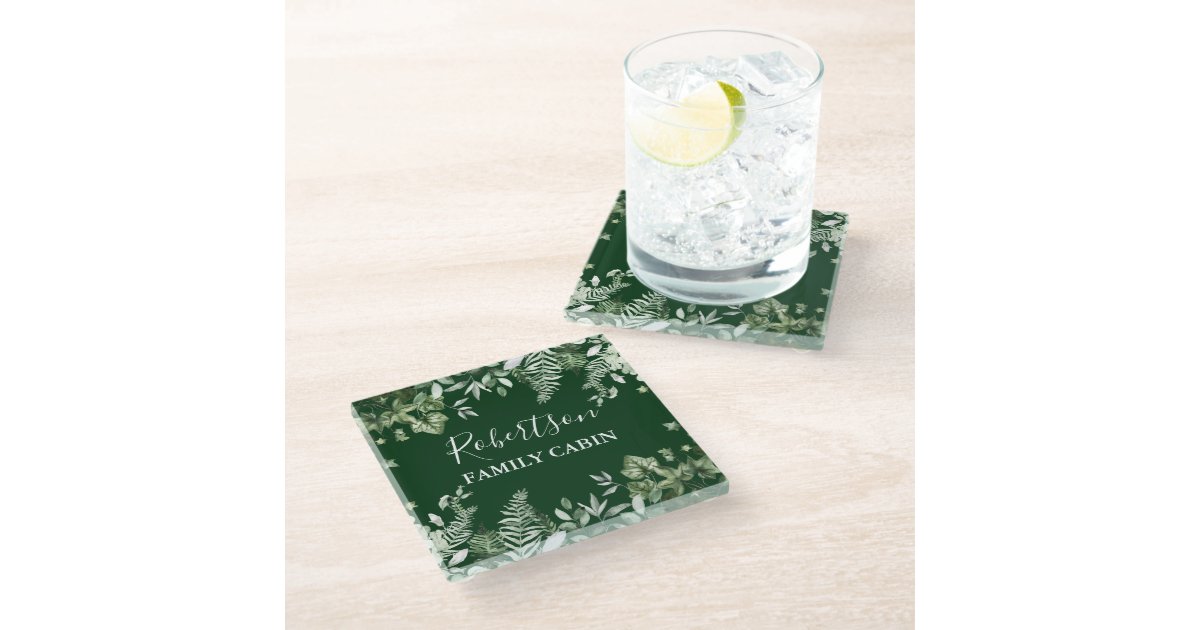 Watercolor Botanical Ivy Ferns Sage Cabin Green Glass Coaster | Zazzle
