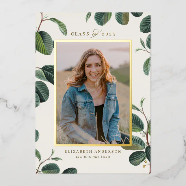 Watercolor Botanical Leaves Beige Photo Graduation Foil Invitation | Zazzle