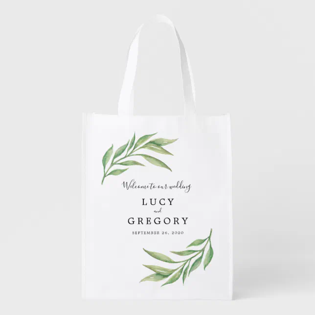 Watercolor Botanical Leaves Wedding Guest Welcome Grocery Bag | Zazzle
