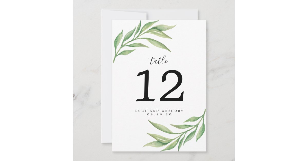 Watercolor Botanical Leaves Wedding Table Number | Zazzle