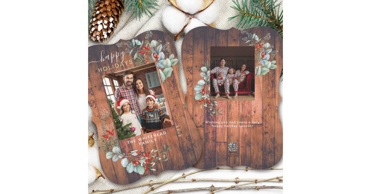 Watercolor Botanical Photo Wood Holiday Card | Zazzle