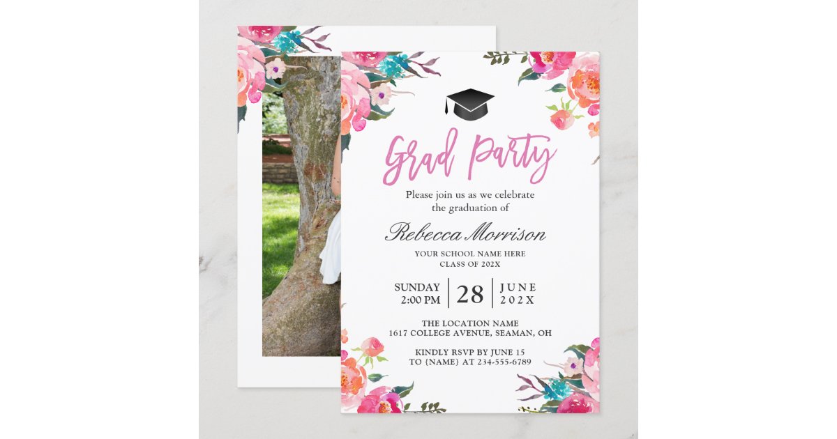 Watercolor Botanical Pink Floral Graduation Party Invitation | Zazzle