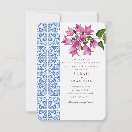 Watercolor Bougainvillea Blue tiles Wedding Invitation | Zazzle