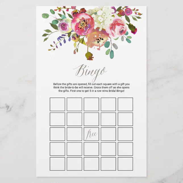 Watercolor Bouquet Bridal Bingo Game | Zazzle