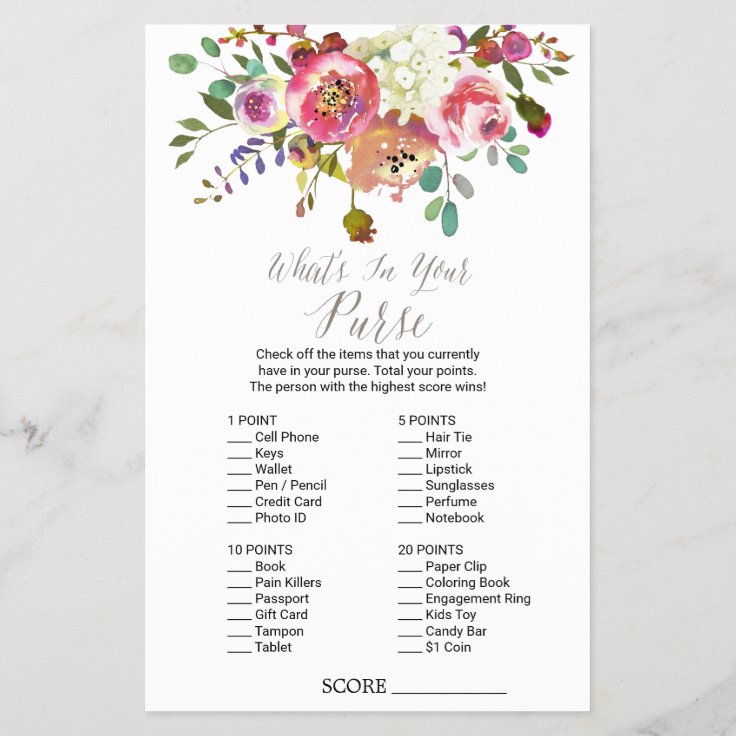 Watercolor Bouquet "What's In Your Purse" Game | Zazzle