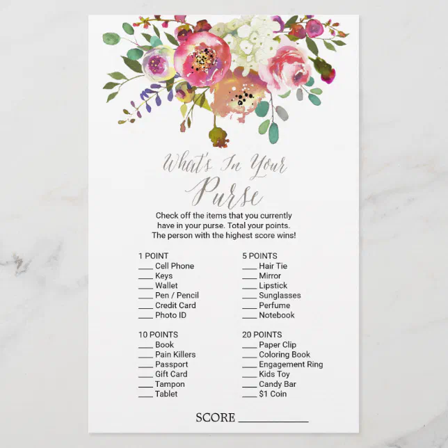 Watercolor Bouquet "What's In Your Purse" Game | Zazzle