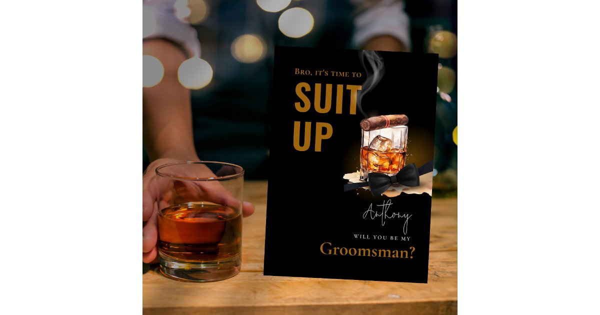 Watercolor Bourbon Cigar Tuxedo Suit Up Groomsman Invitation | Zazzle