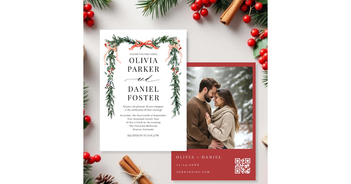 Watercolor Bow Christmas Photo QR Code Wedding Invitation | Zazzle