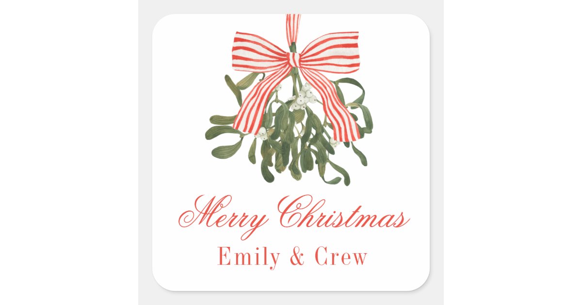 Watercolor Bow Mistletoe Christmas Square Sticker | Zazzle