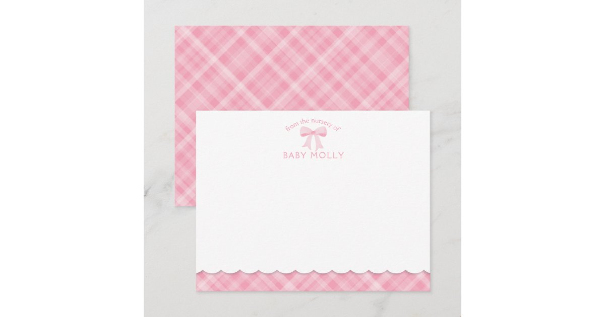 Watercolor Bow Preppy Pink Plaid Baby Note Card | Zazzle