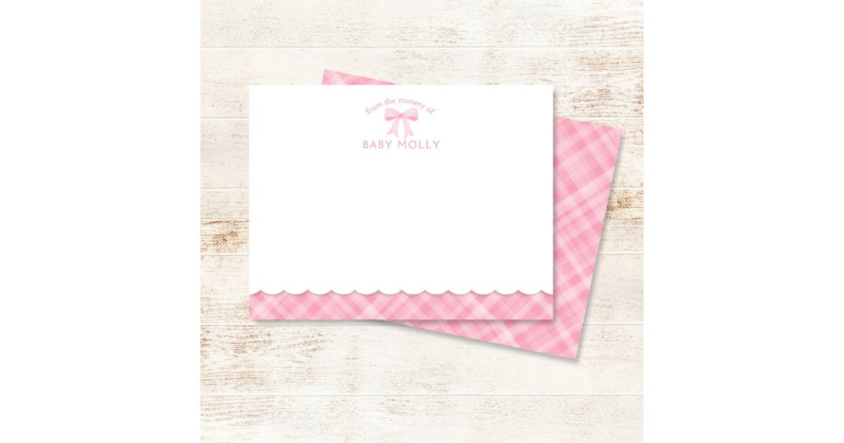 Watercolor Bow Preppy Pink Plaid Baby Note Card | Zazzle