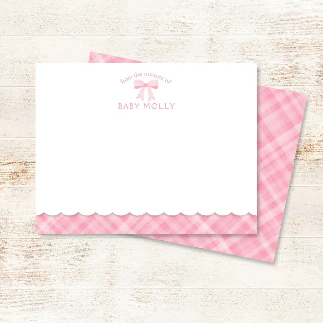 Watercolor Bow Preppy Pink Plaid Baby Note Card | Zazzle