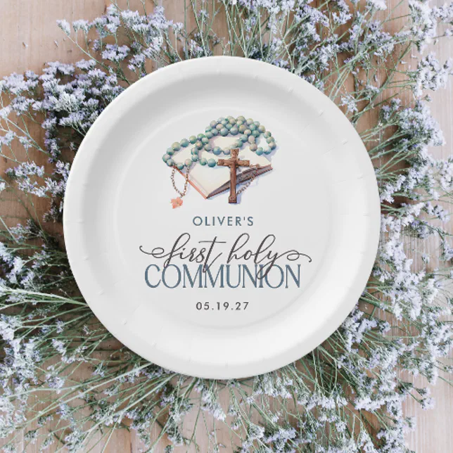 Watercolor Boy First Holy Communion Paper Plates | Zazzle
