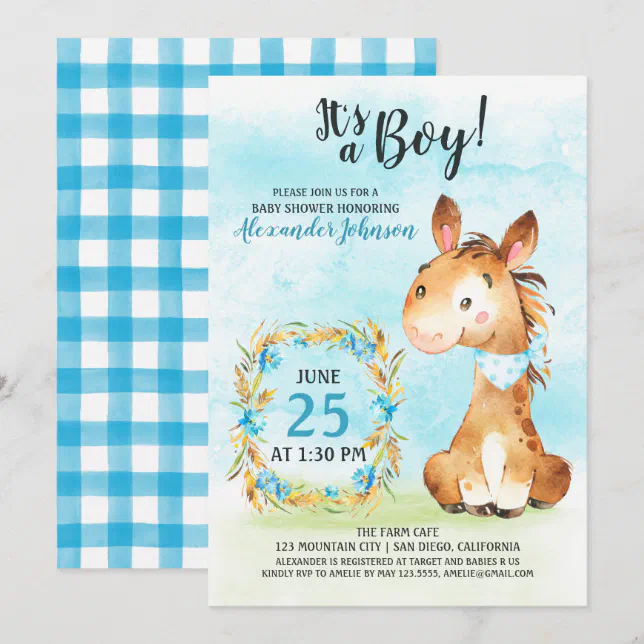 Watercolor Boy Horse Baby Shower Farm Invitation | Zazzle